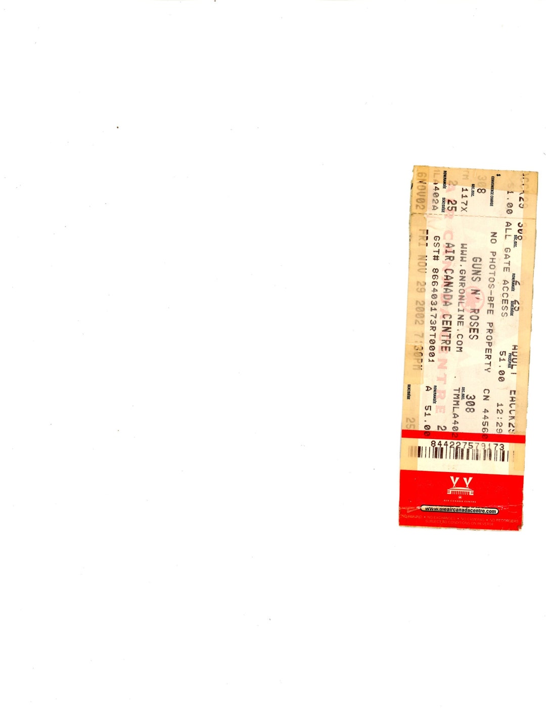 Guns N Roses Vintage Concert Ticket Stub Air Canada Centre toronto ...