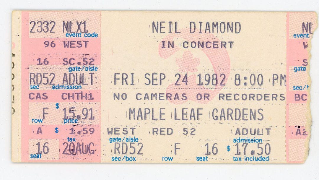 Neil Diamond Vintage Concert Ticket Maple Leaf Gardens (toronto, 1982 ...
