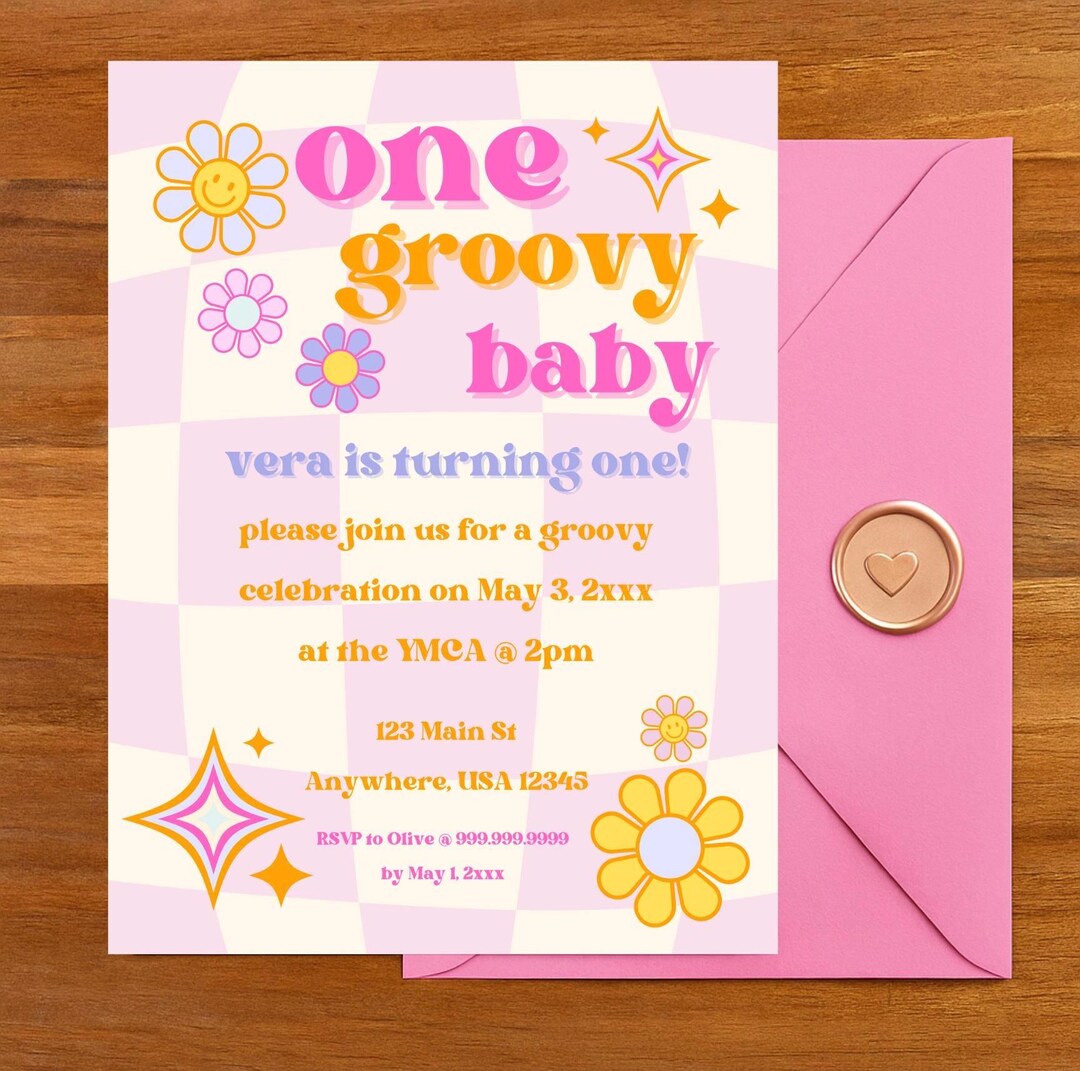 One Groovy Baby Birthday Party Invitation - Groovy First Birthday Party ...