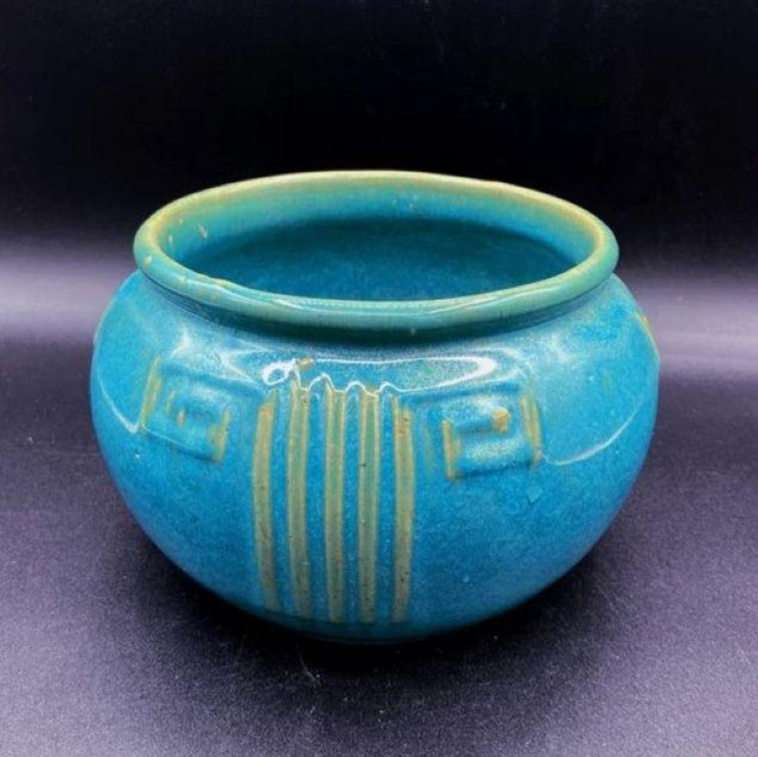 Zanesville Pottery Aqua #103 Greek Key Pot Glossy Glaze Arts & Crafts ...