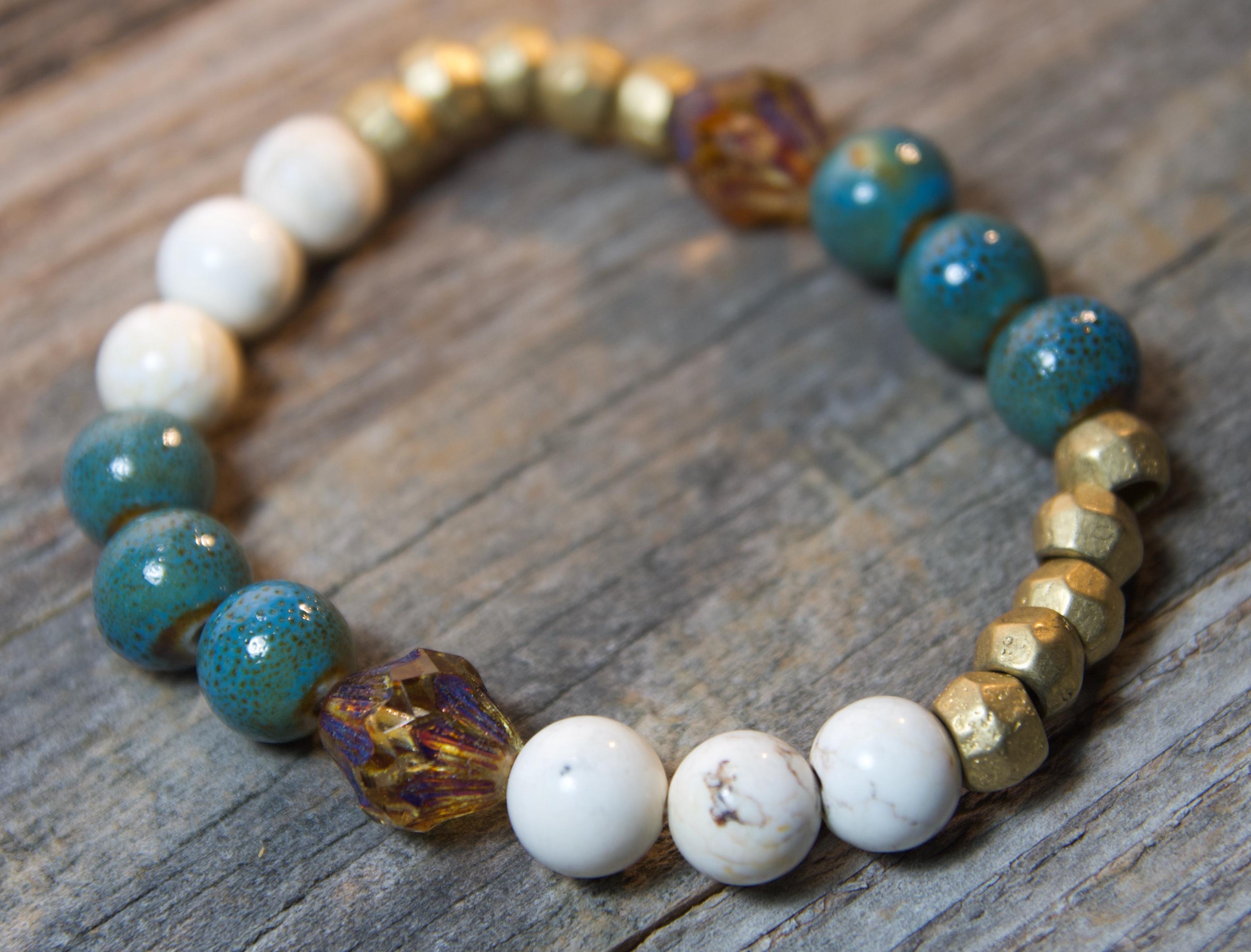 Boho Chic Charm Bracelet: Teal Ceramic Beads, Gold Bird Charm - Etsy