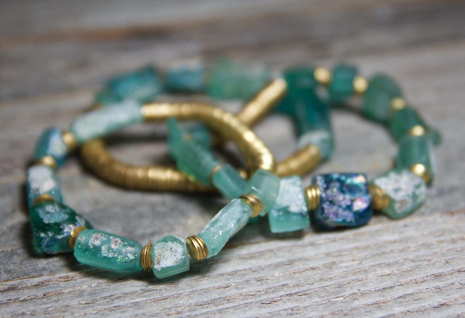 Roman Glass Bracelet: Green & Gold Stacking Stretch Bracelet - Etsy