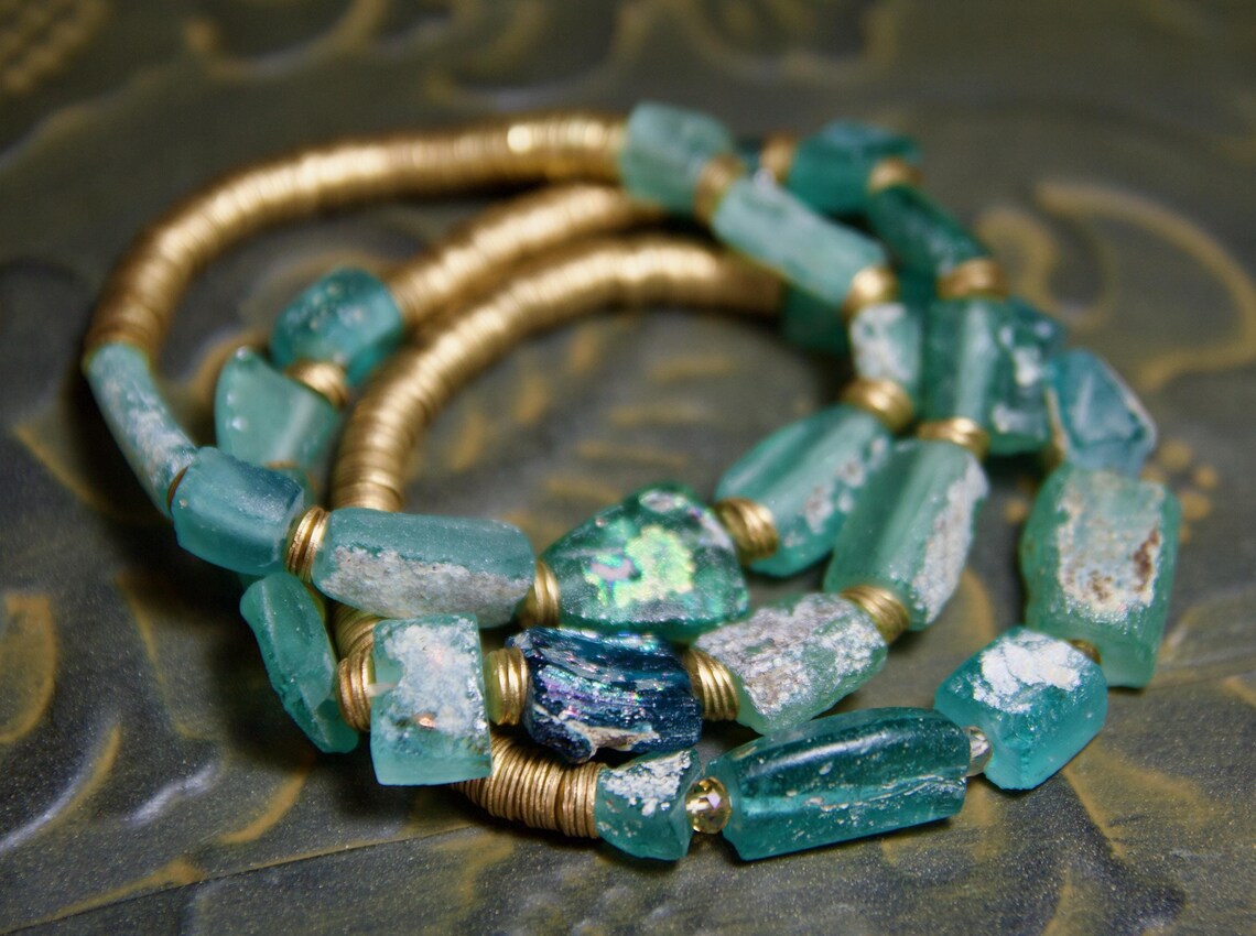 Roman Glass Bracelet: Green & Gold Stacking Stretch Bracelet - Etsy