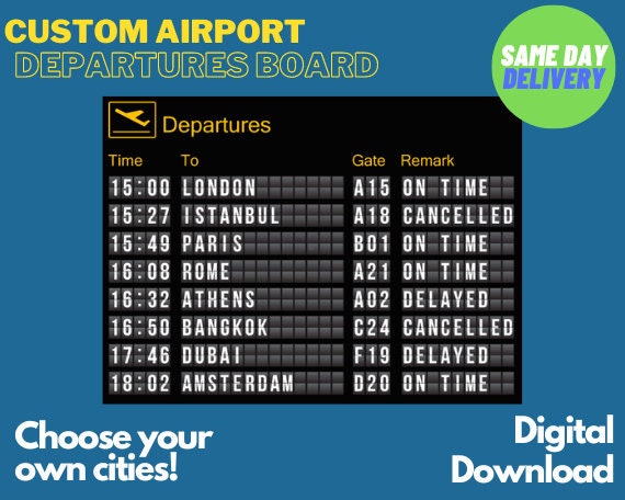 Digital Custom Airport Flight Board Sign Poster Wall Art Choose Your ...