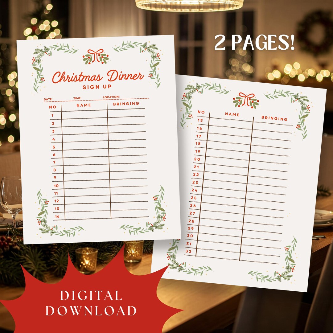 Printable Christmas Dinner Sign up Sheet, Christmas Potluck Sign up ...