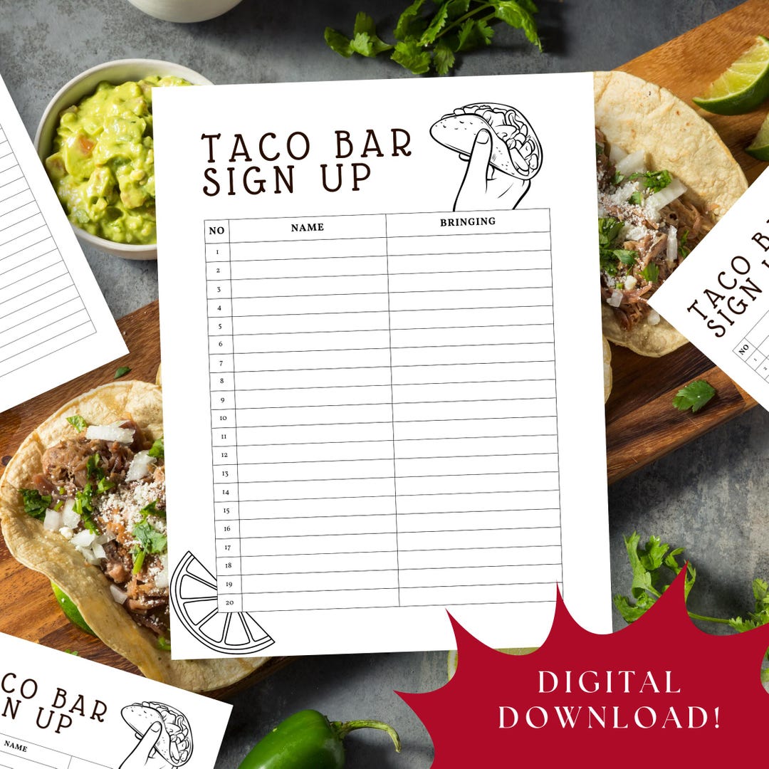Printable Taco Bar Sign up Sheet, Taco Bar Potluck Sign up Sheet ...