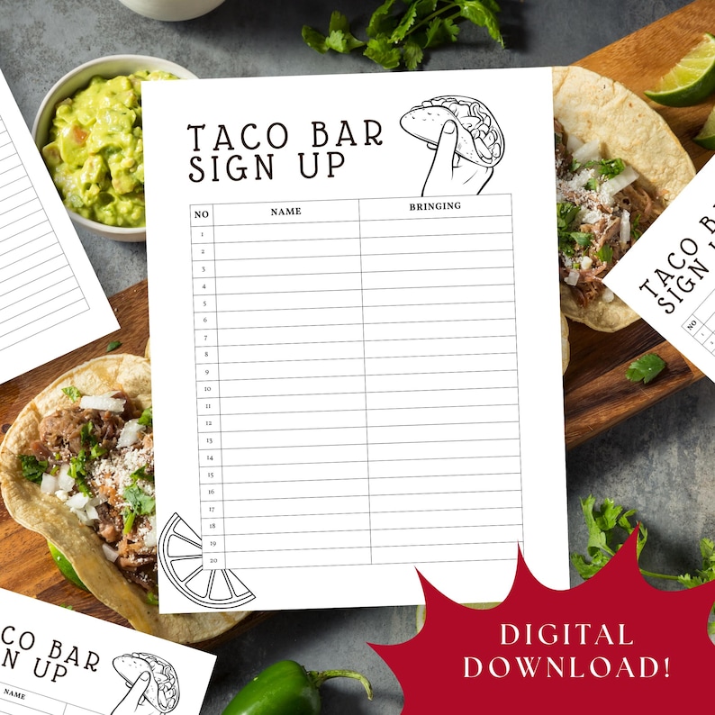 Printable Taco Bar Sign up Sheet, Taco Bar Potluck Sign up Sheet ...