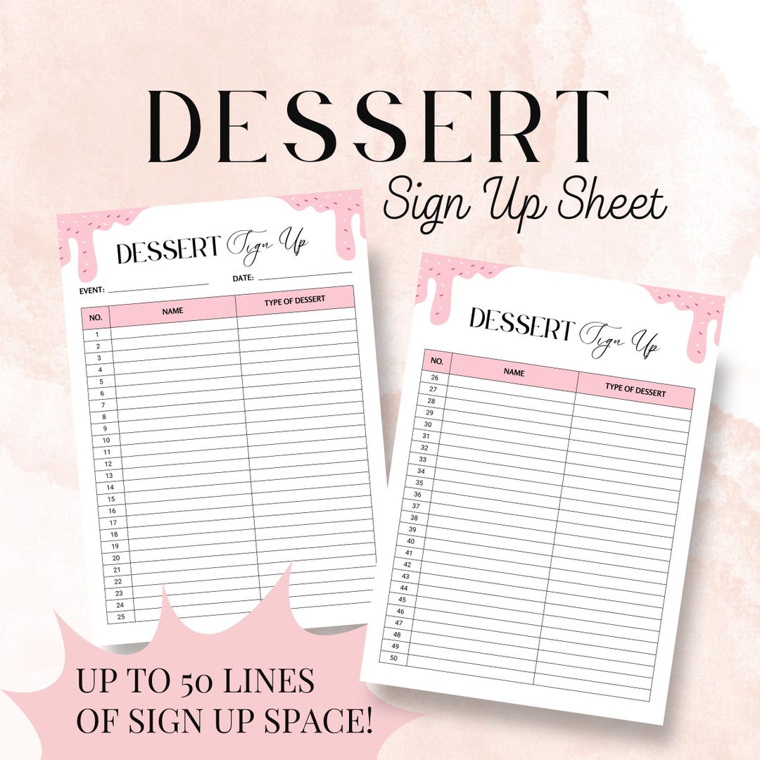 Printable Dessert Sign up Sheet, Wedding Printable Sign up Sheet ...
