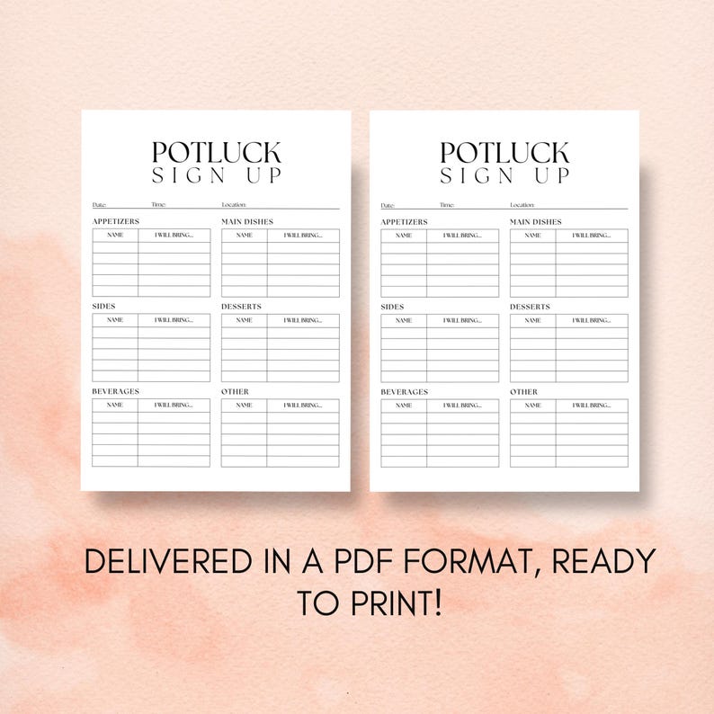 Printable Potluck Sign up Sheet, Black and White Potluck Sign up Sheet ...
