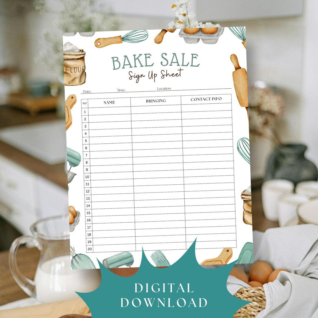 Bake Sale Sign up Sheet, Ready to Print Bake Sale Sign Up, Digital ...