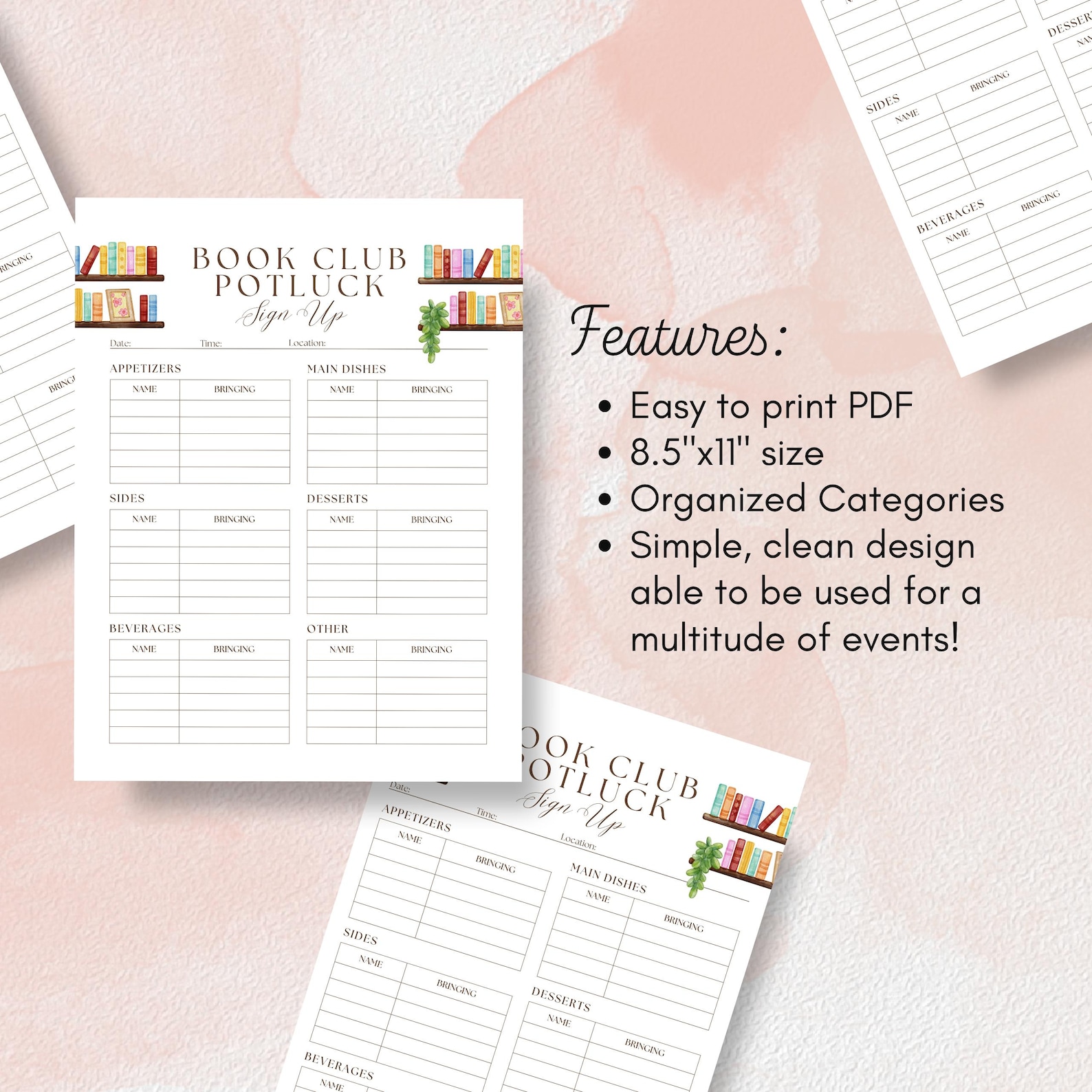 Printable Book Club Potluck Sign up Sheet, Book Club Party Potluck Sign ...