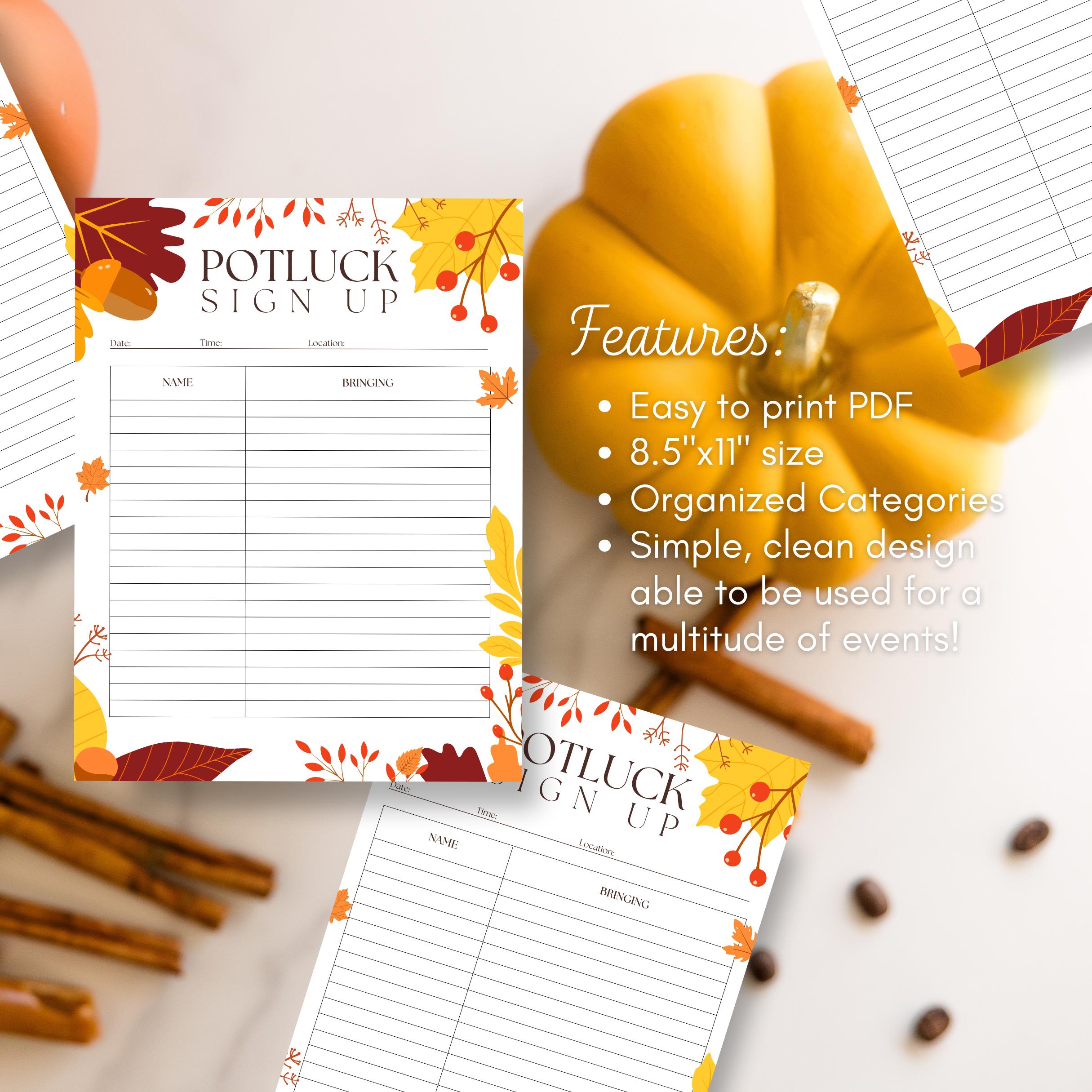 Printable Fall Potluck Sign up Sheet, Autumn Potluck Sign up Sheet ...