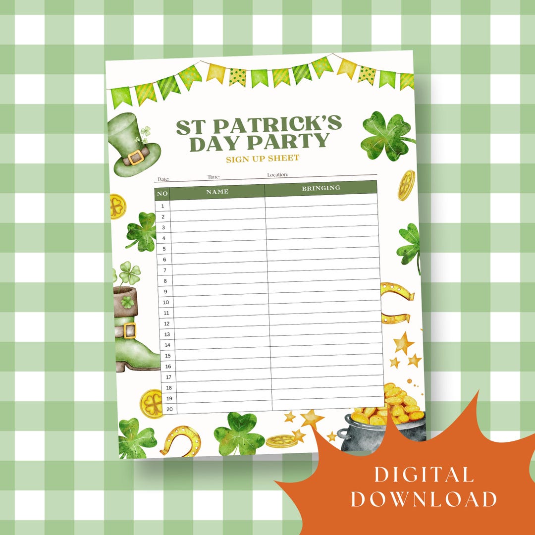 Printable St Patrick's Day Party Sign up Sheet, St Patty's Day Sign up ...