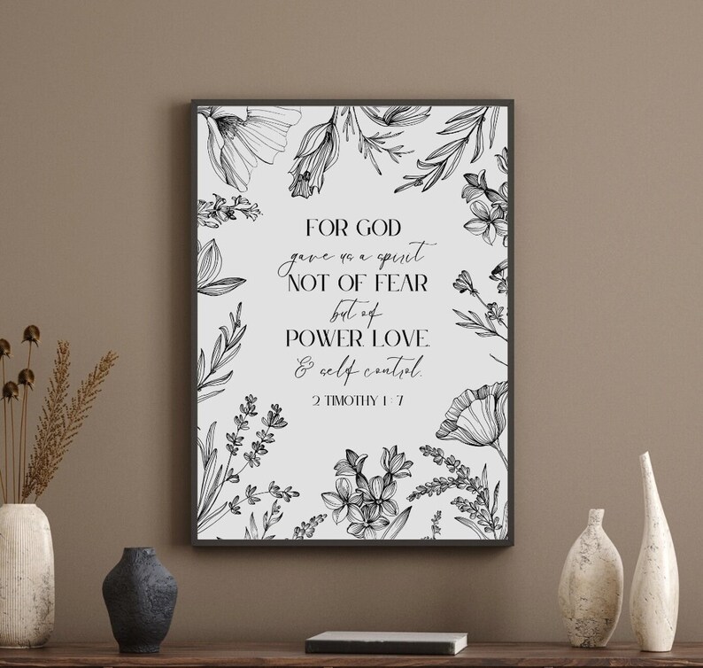 2 Timothy 1:7 Printable Bible Verse Scripture Wall Art Black Text on ...