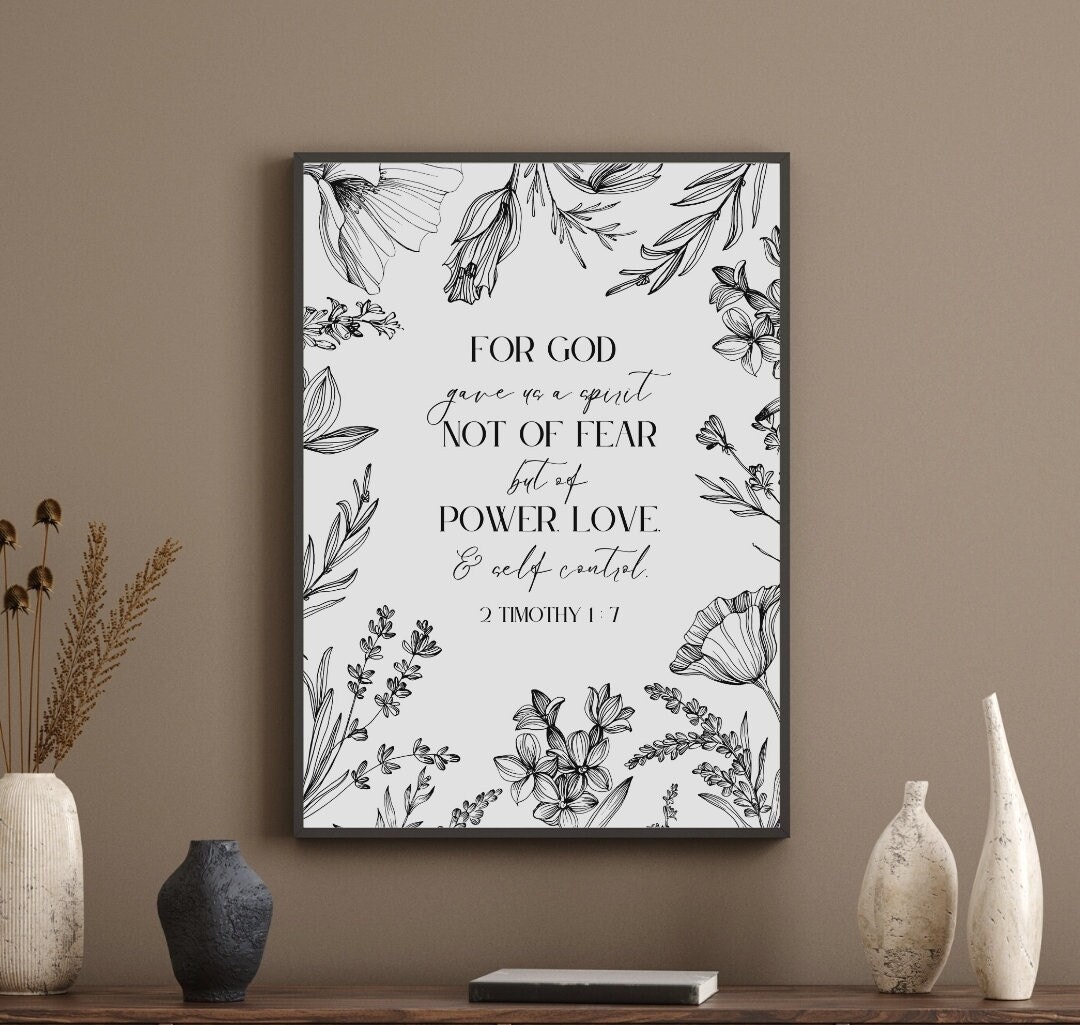 2 Timothy 1:7 Printable Bible Verse Scripture Wall Art Black Text on ...
