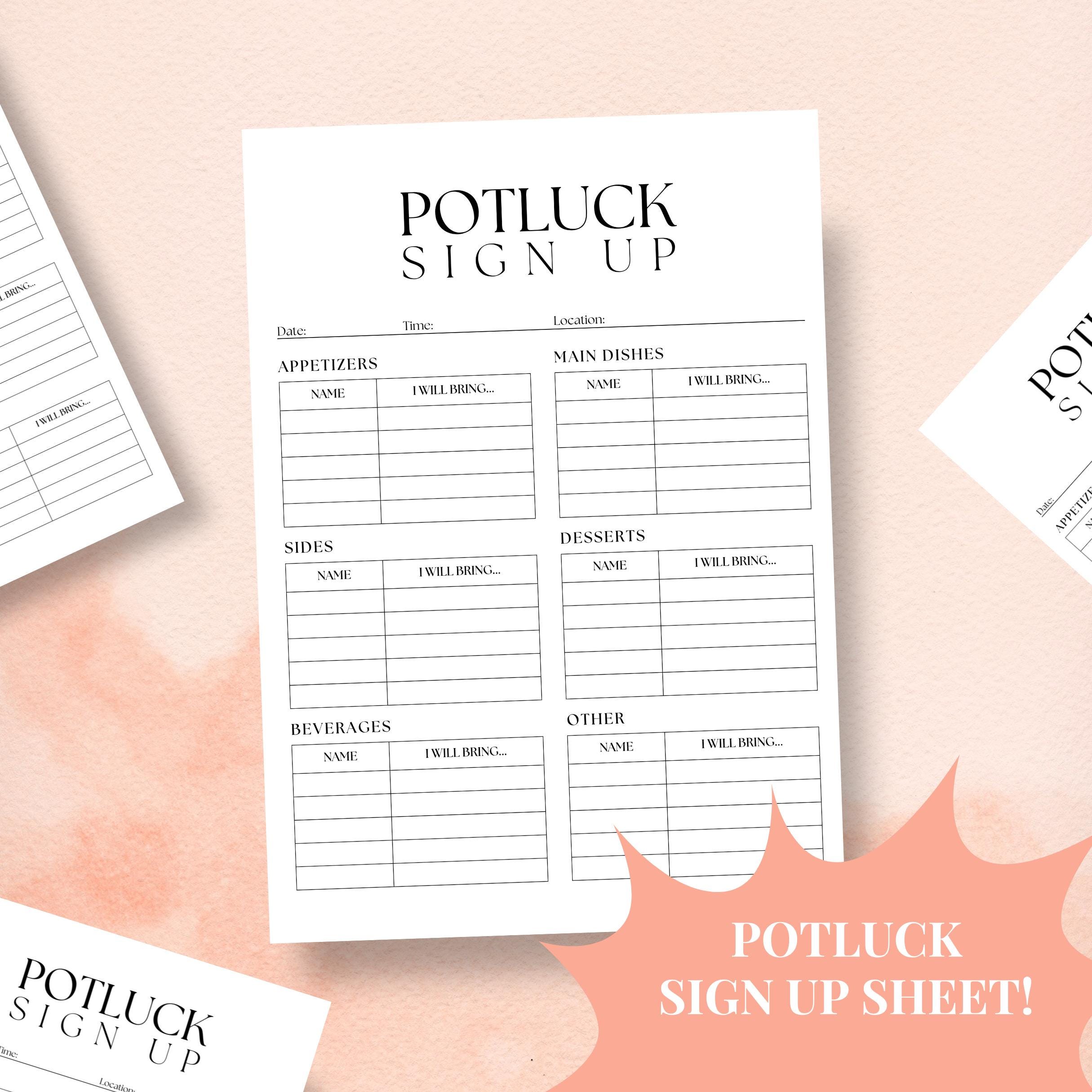 Printable Potluck Sign up Sheet, Black and White Potluck Sign up Sheet ...