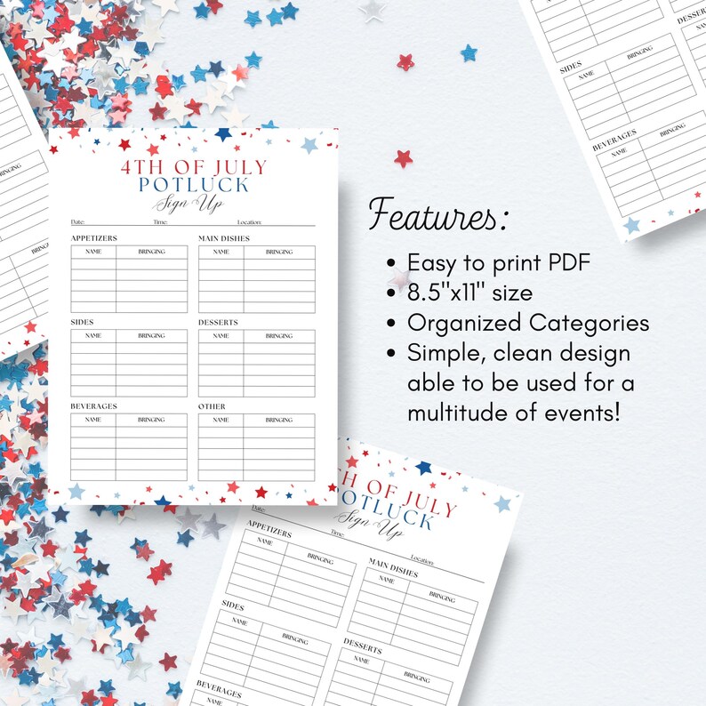 Printable 4th of July Potluck Sign up Sheet, Fourth of July Party ...