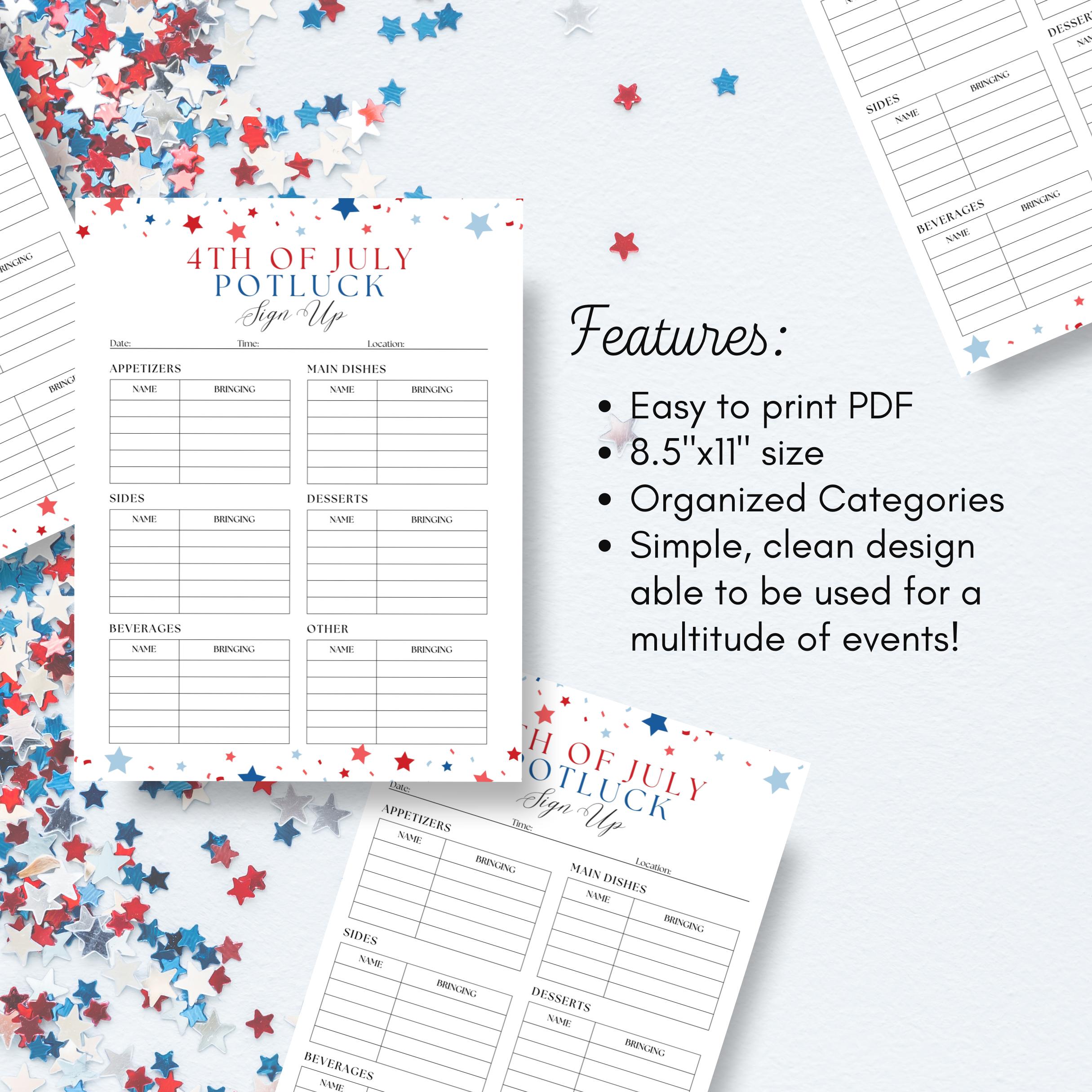 Printable 4th of July Potluck Sign up Sheet, Fourth of July Party ...