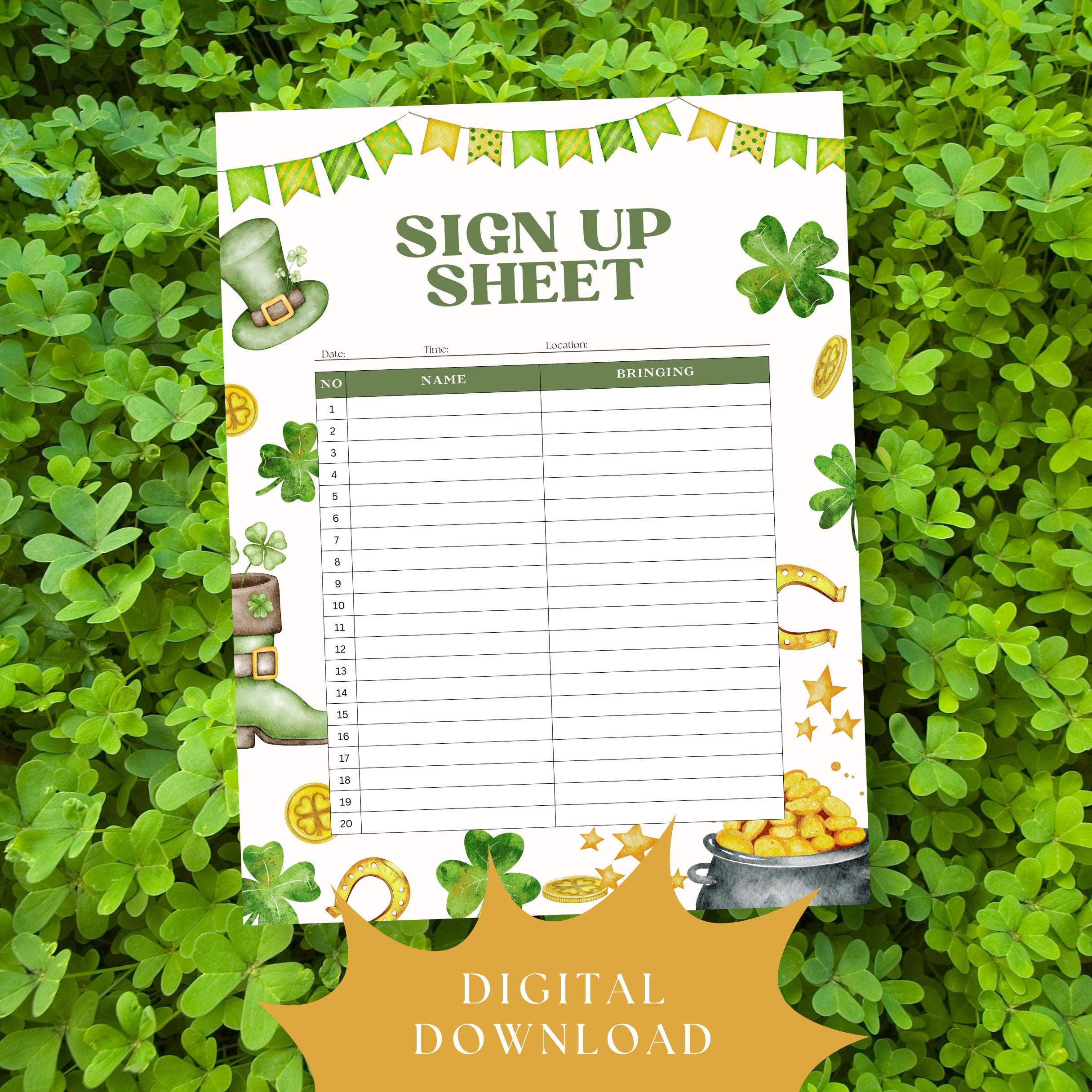 Printable St Patrick's Day Potluck Party Sign up Sheet, St Patty's Day ...