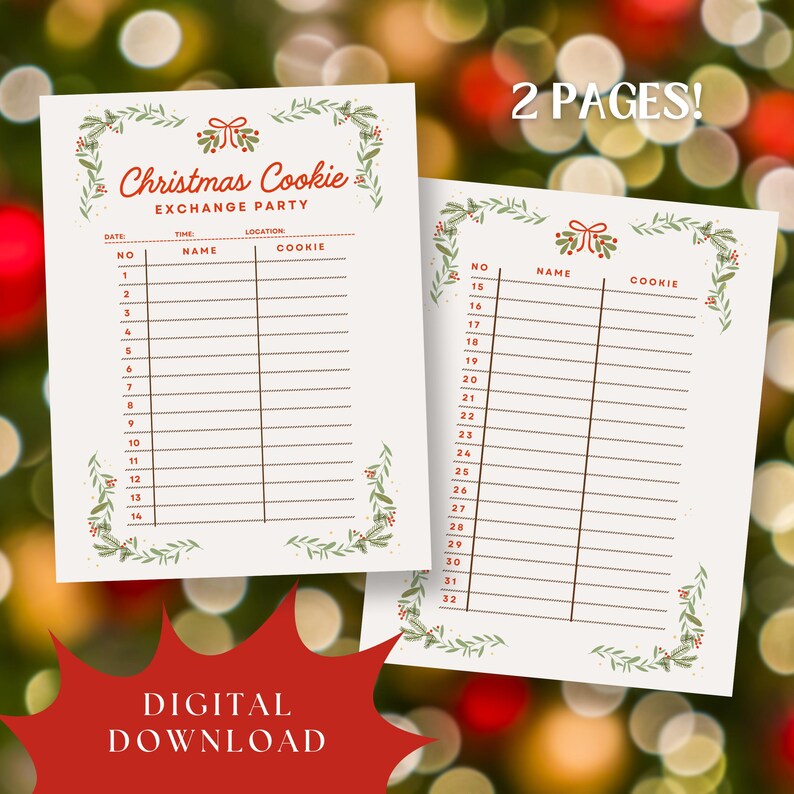 Printable Christmas Cookie Exchange Sign up Sheet, Holiday Cookie ...
