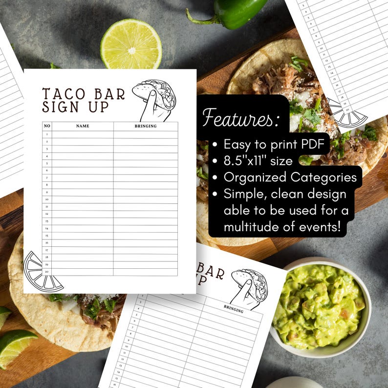 Printable Taco Bar Sign up Sheet, Taco Bar Potluck Sign up Sheet ...