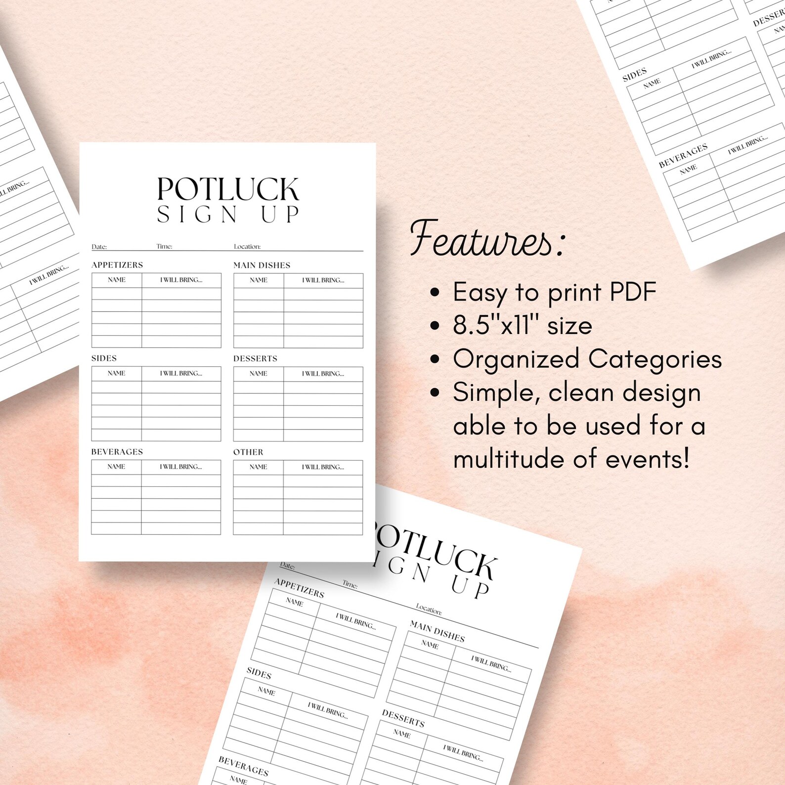 Printable Potluck Sign up Sheet, Black and White Potluck Sign up Sheet ...