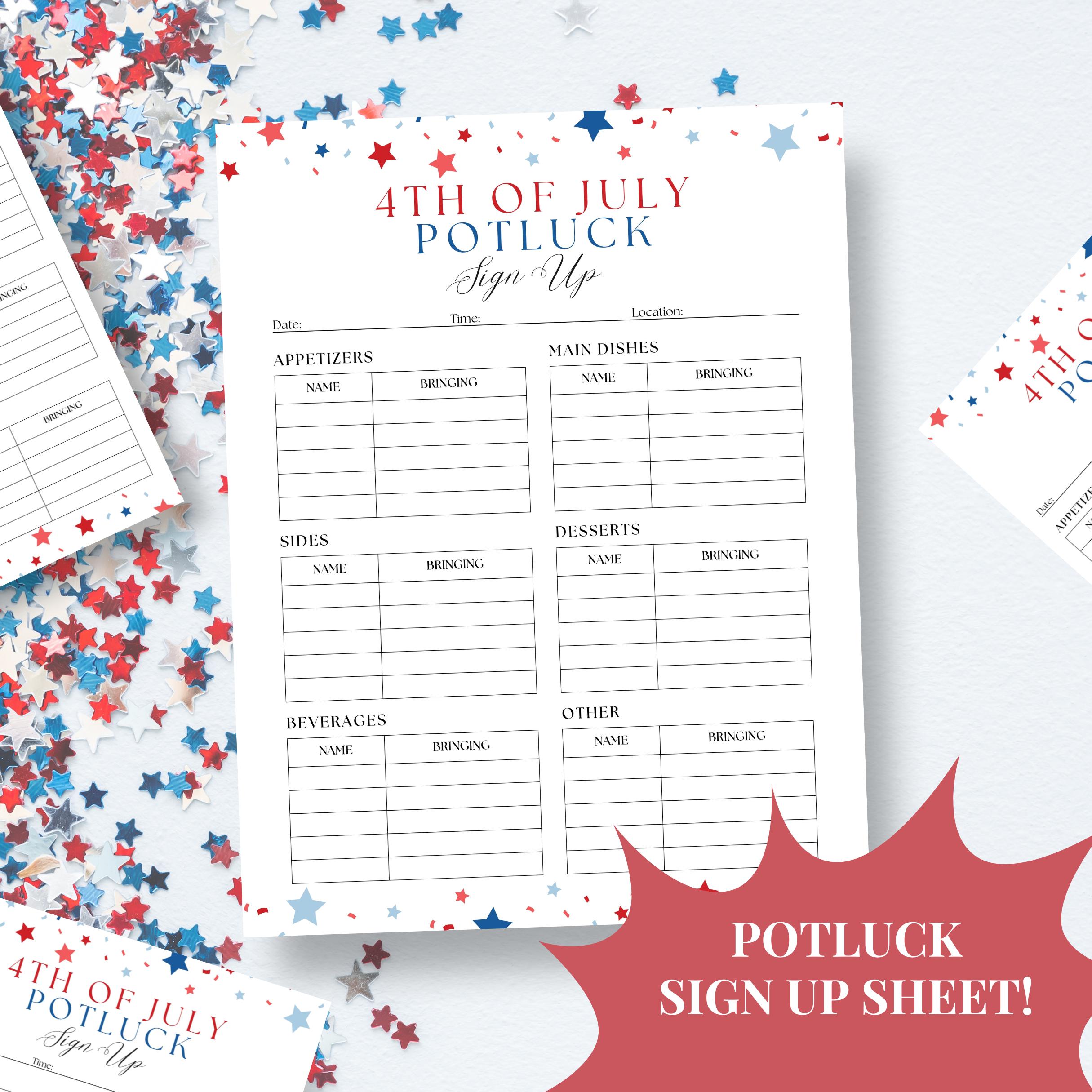 Printable 4th of July Potluck Sign up Sheet, Fourth of July Party ...