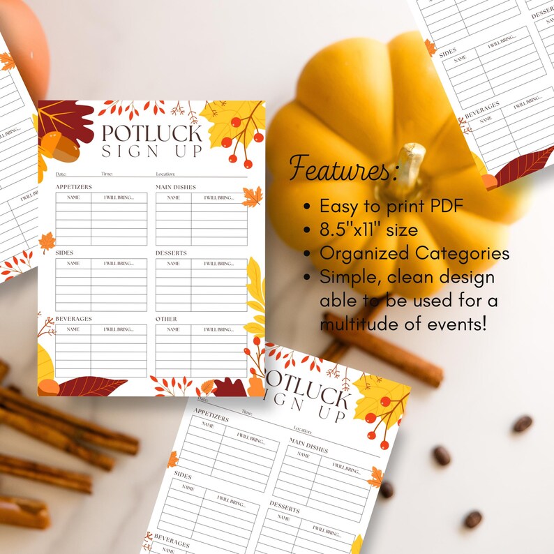 Printable Fall Potluck Sign up Sheet, Autumn Potluck Sign up Sheet ...
