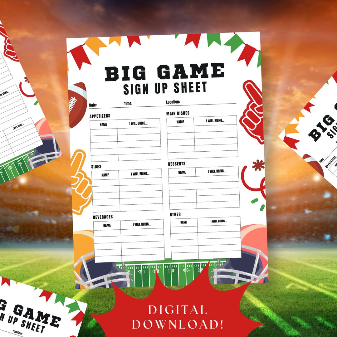 Football Potluck Sign up Sheet, Big Game Menu, Potluck Sign up Form ...