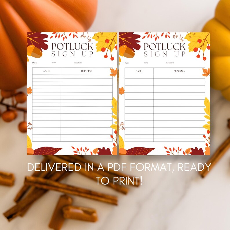 Printable Fall Potluck Sign up Sheet, Autumn Potluck Sign up Sheet ...