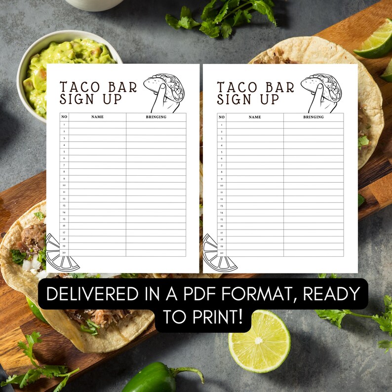 Printable Taco Bar Sign up Sheet, Taco Bar Potluck Sign up Sheet ...