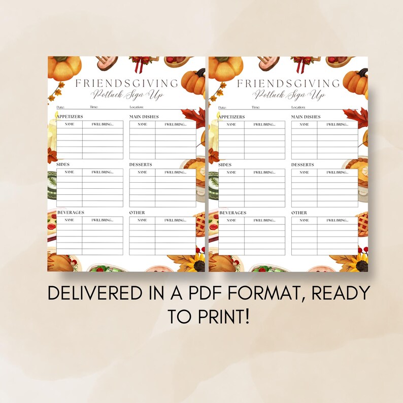 Printable Friendsgiving Potluck Sign up Sheet, Friendsgiving Potluck ...