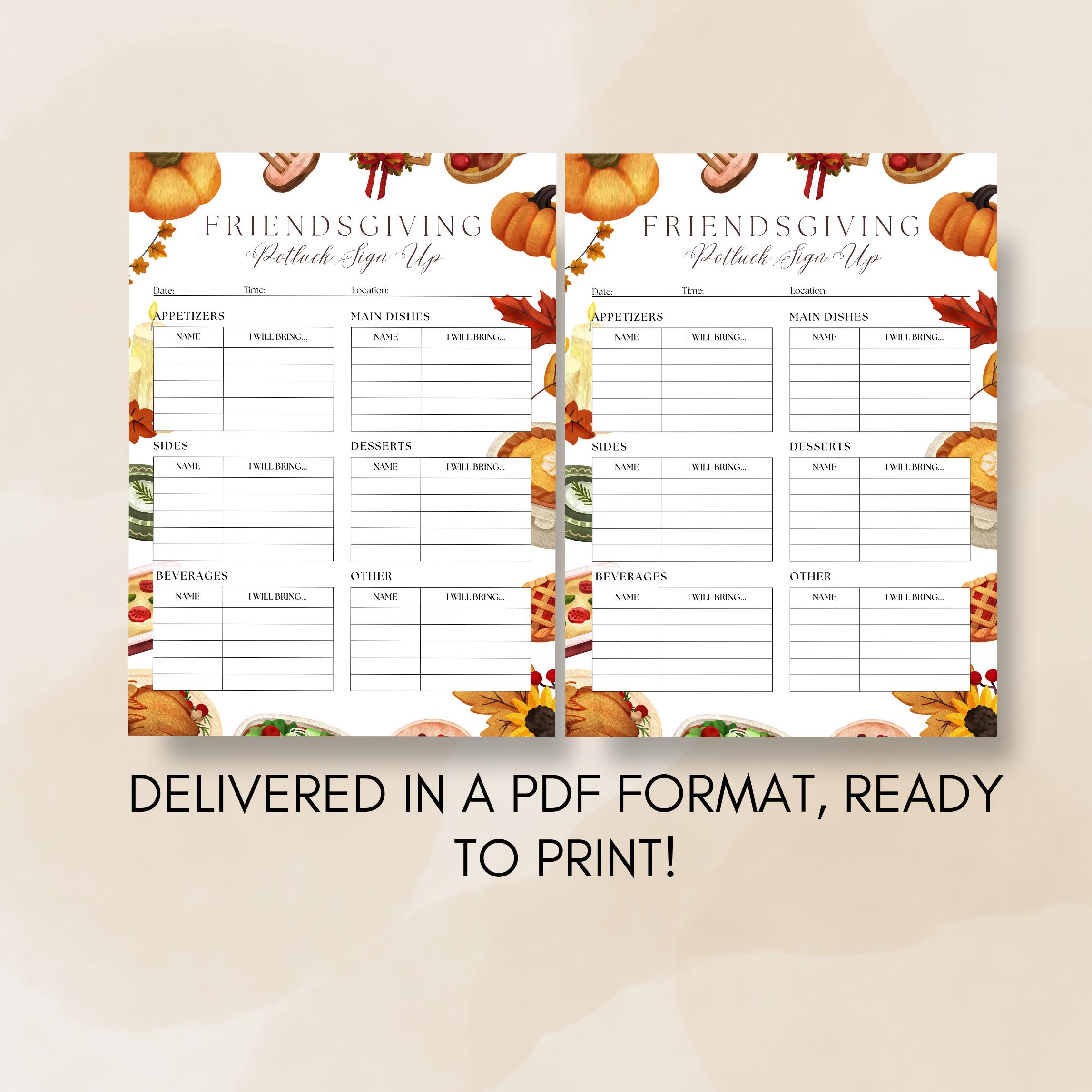 Printable Friendsgiving Potluck Sign up Sheet, Friendsgiving Potluck ...