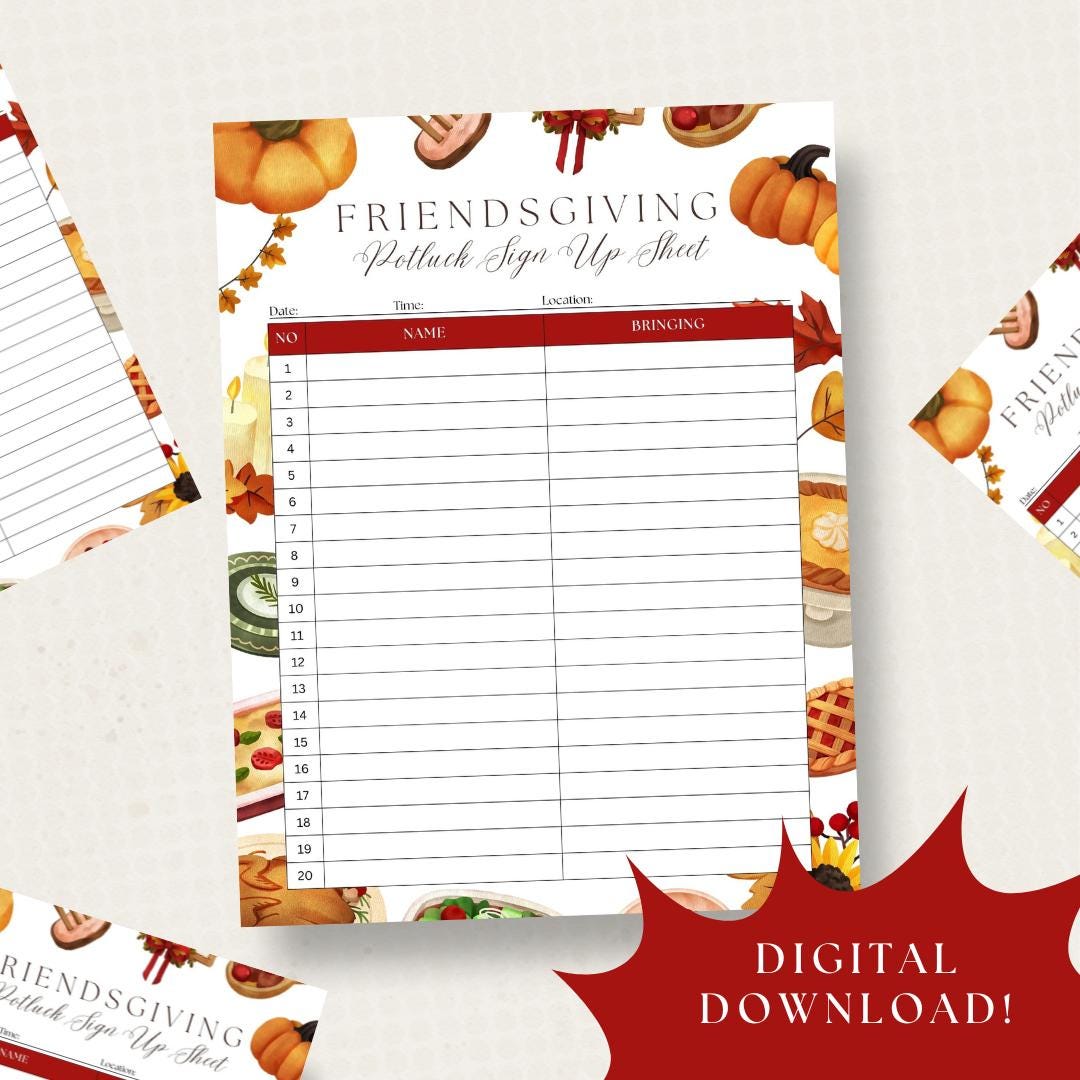 Printable Friendsgiving Potluck Sign up Sheet, Friendsgiving Potluck ...