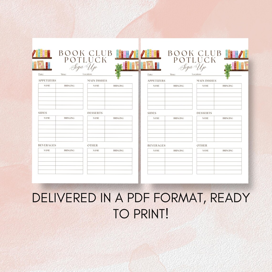 Printable Book Club Potluck Sign up Sheet, Book Club Party Potluck Sign ...