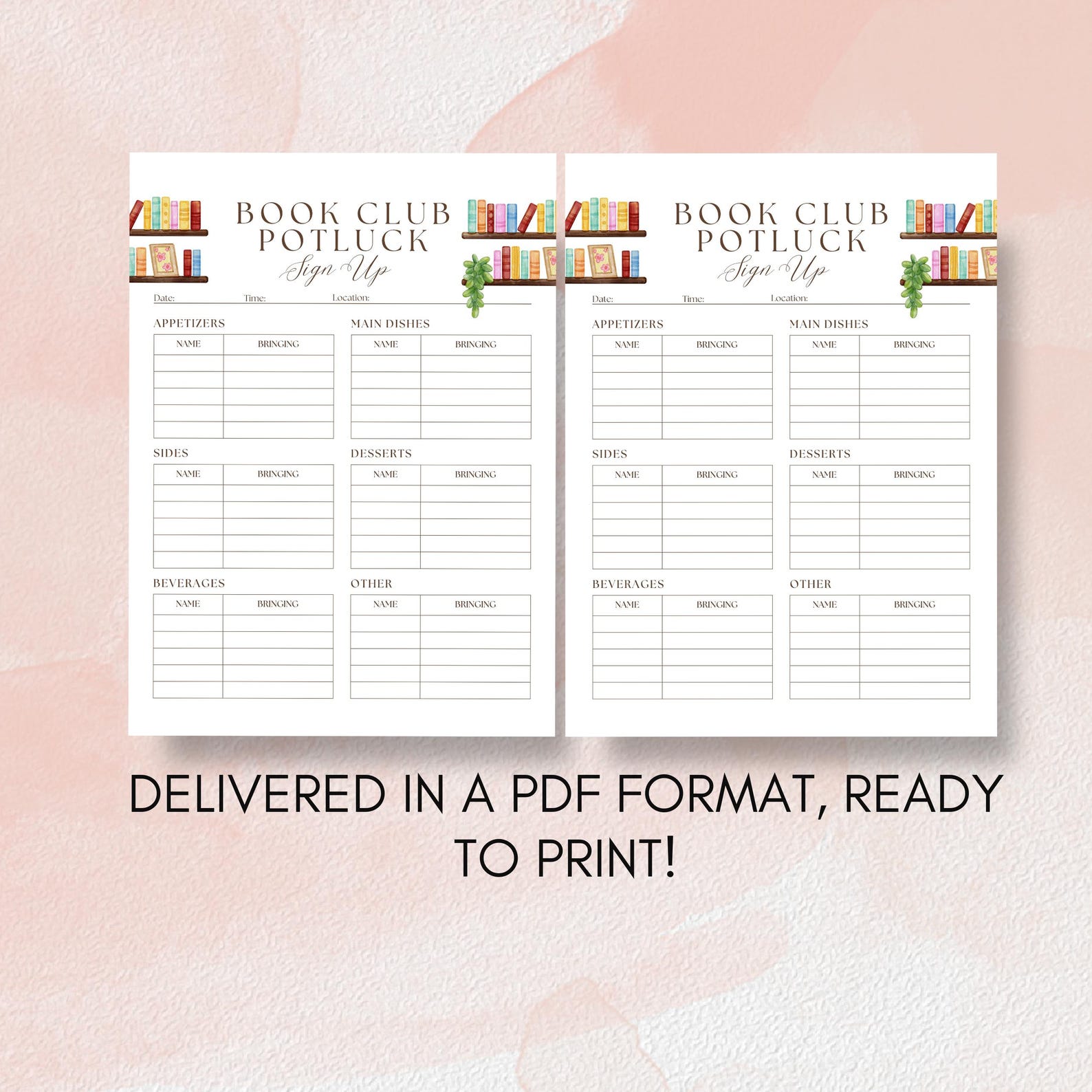 Printable Book Club Potluck Sign up Sheet, Book Club Party Potluck Sign ...