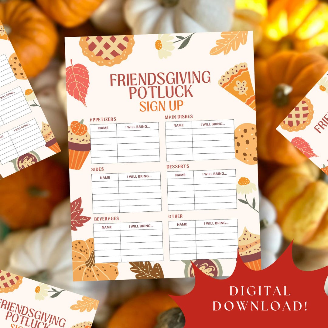 Printable Friendsgiving Potluck Sign up Sheet, Friendsgiving Potluck ...