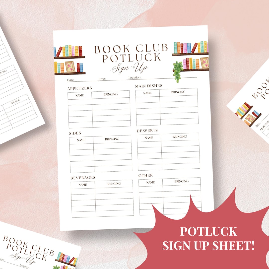 Printable Book Club Potluck Sign up Sheet, Book Club Party Potluck Sign ...