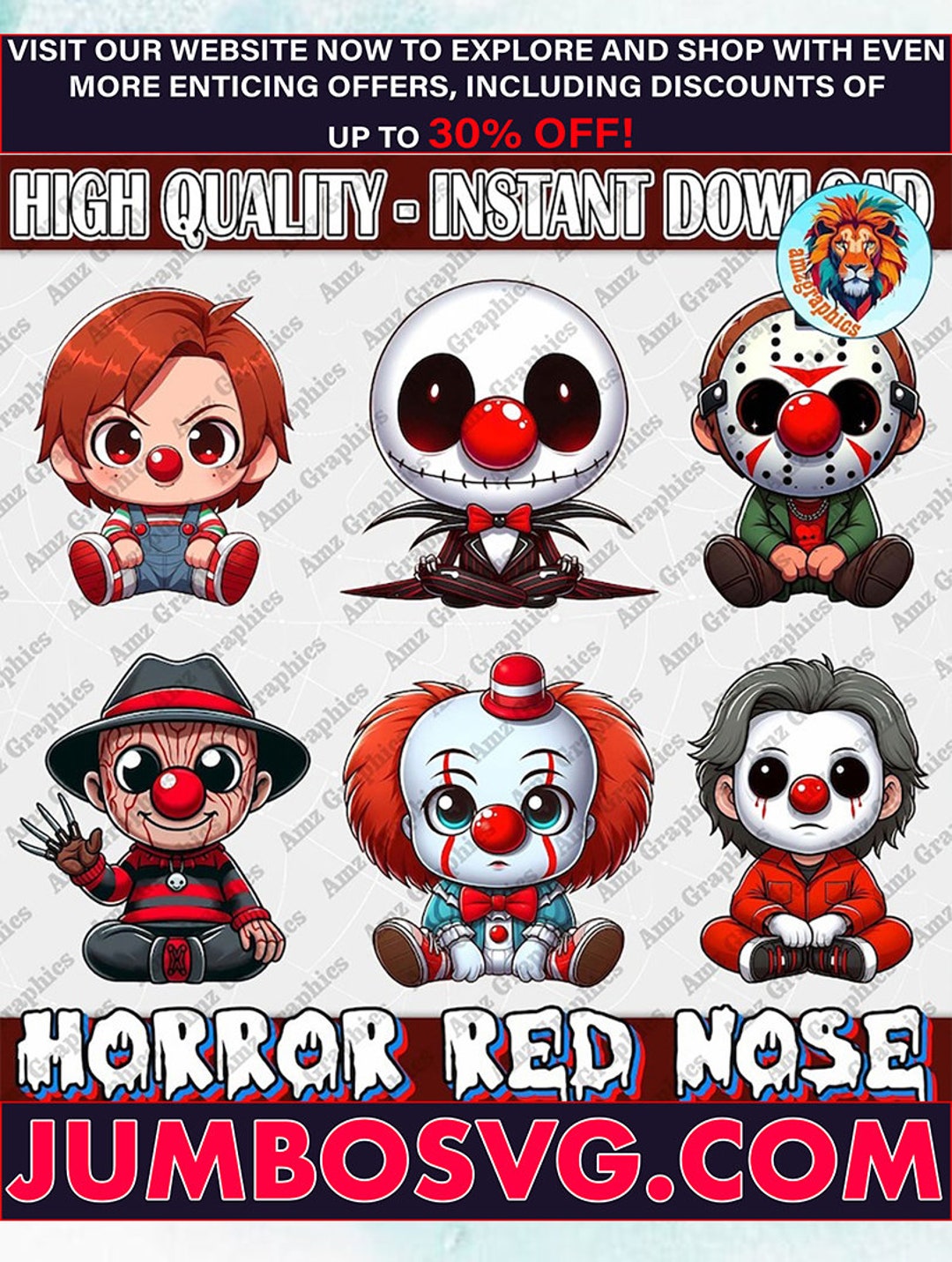 6 Chibi Horror Cartoon Red Nose Day Png Bundle, Red Nose Cartoon Png ...