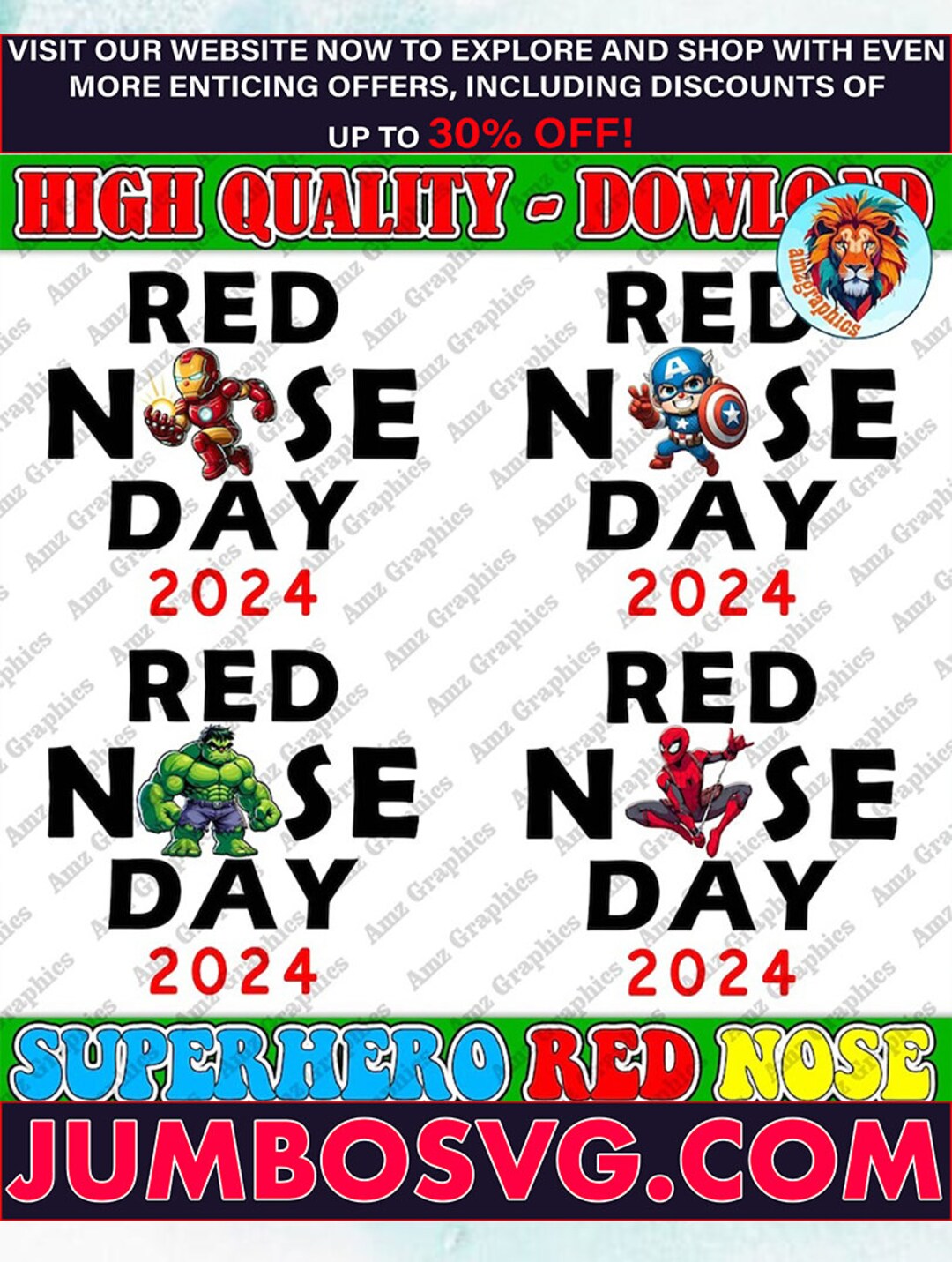 4 Superhero Cartoon Red Nose Day Png Bundle, Red Nose Cartoon ...
