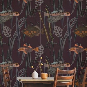 Dark Fish Wallpaper, Sea Life, Vintage Wall Art, Animal Home Decor ...