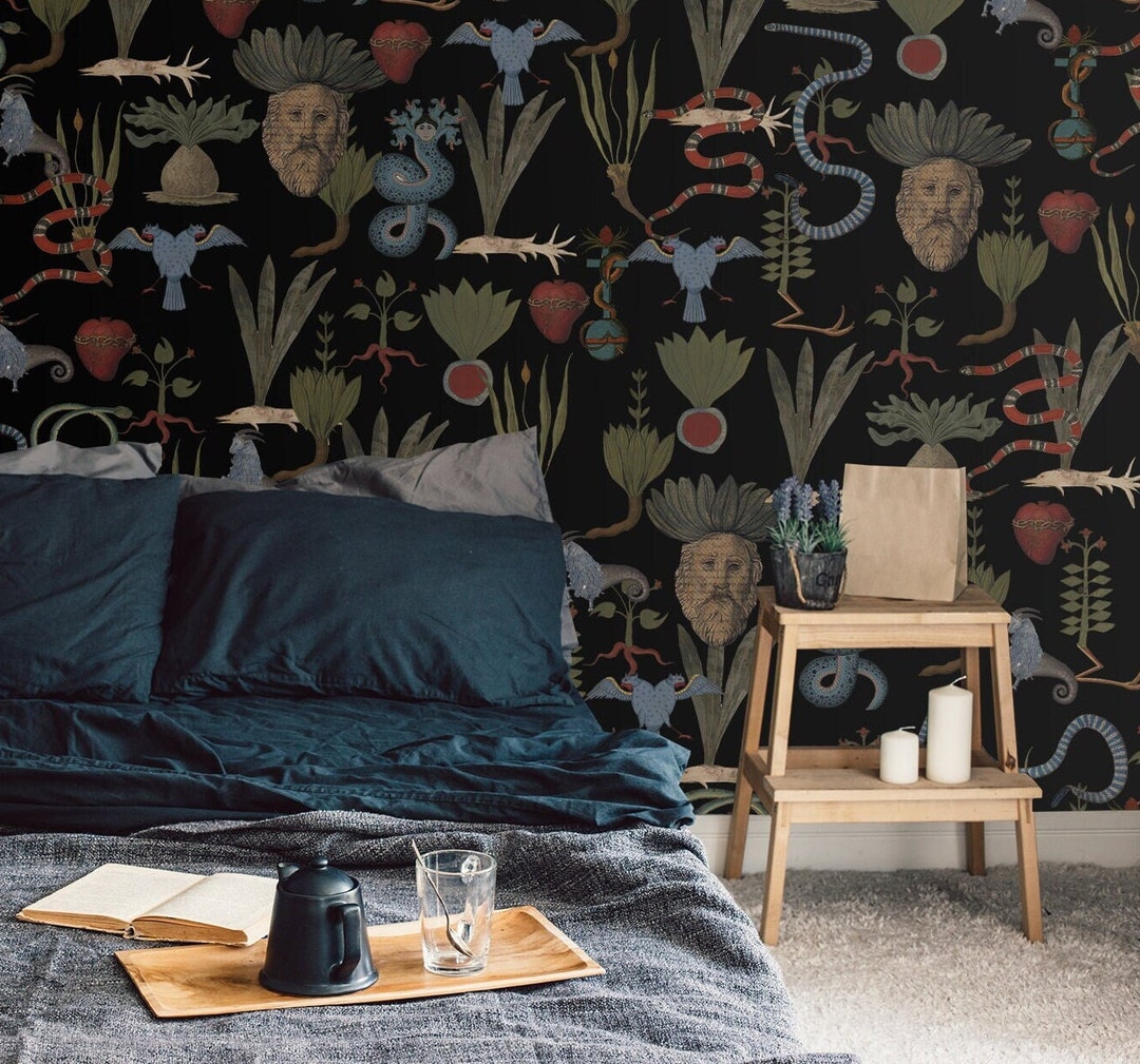 Dark Wallpaper, Blue and Red Snake, Mandrake Herb, Botanical Wallpaper ...