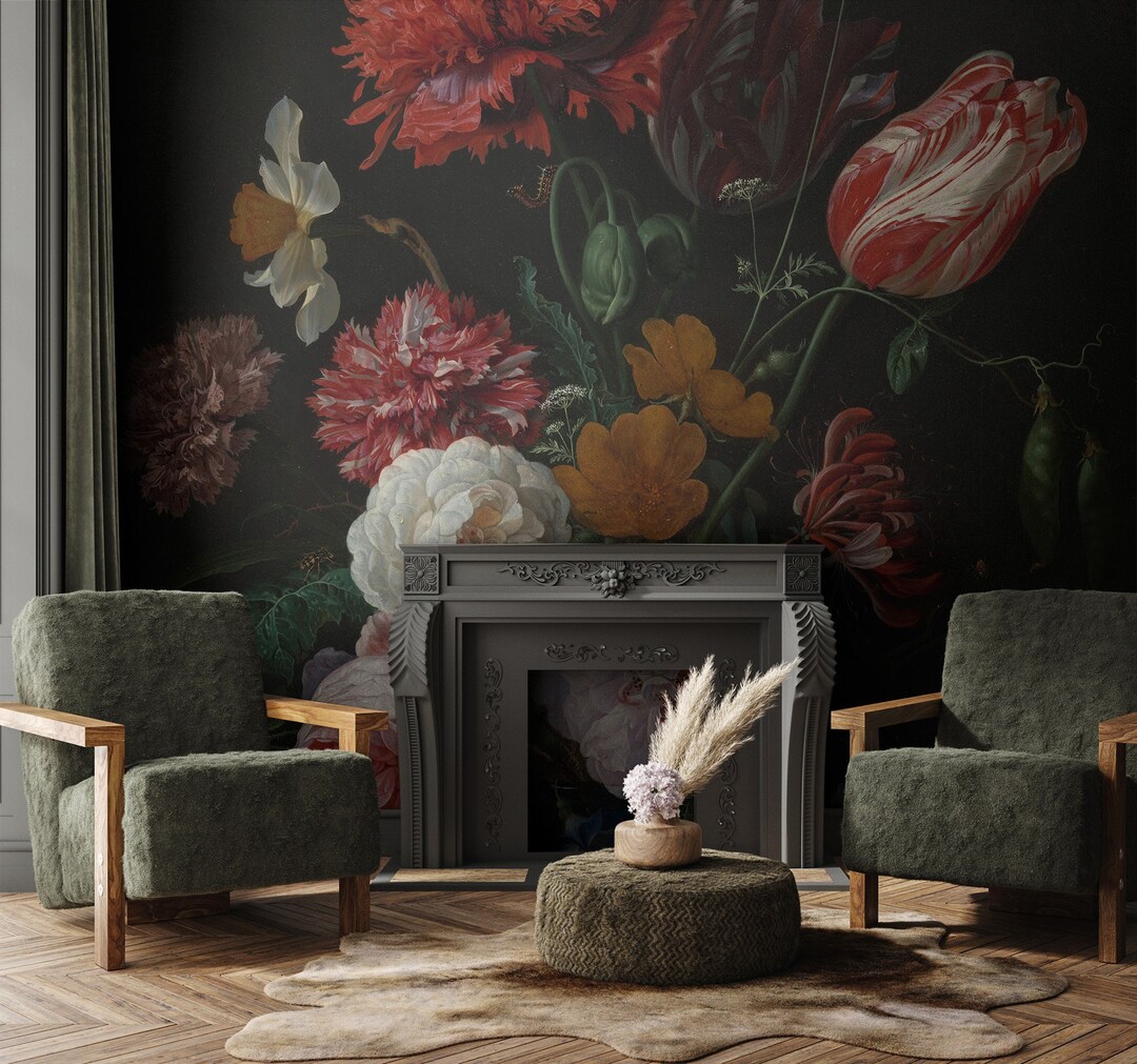 Floral Baroque Vintage Wallpaper, Dark Flower Wall Mural, Victorian ...