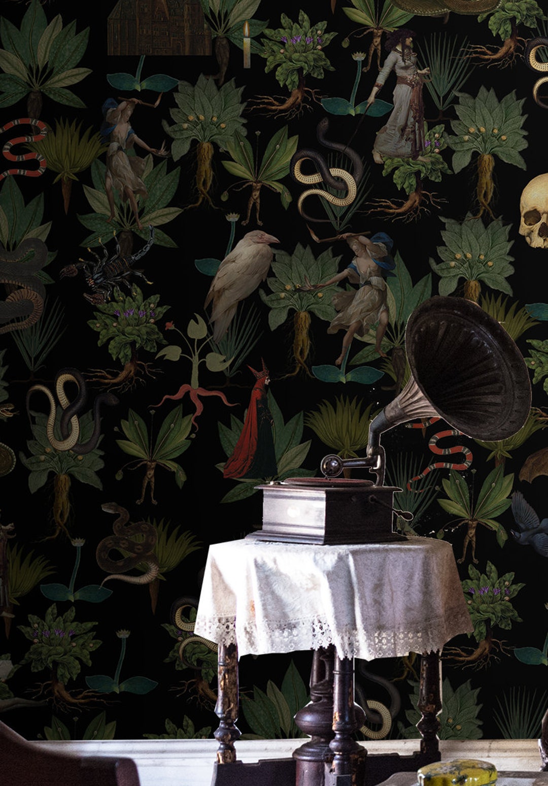 Dark Wallpaper, Magic Animal and Skeleton Wall, Occult Wall Mural, Wall ...