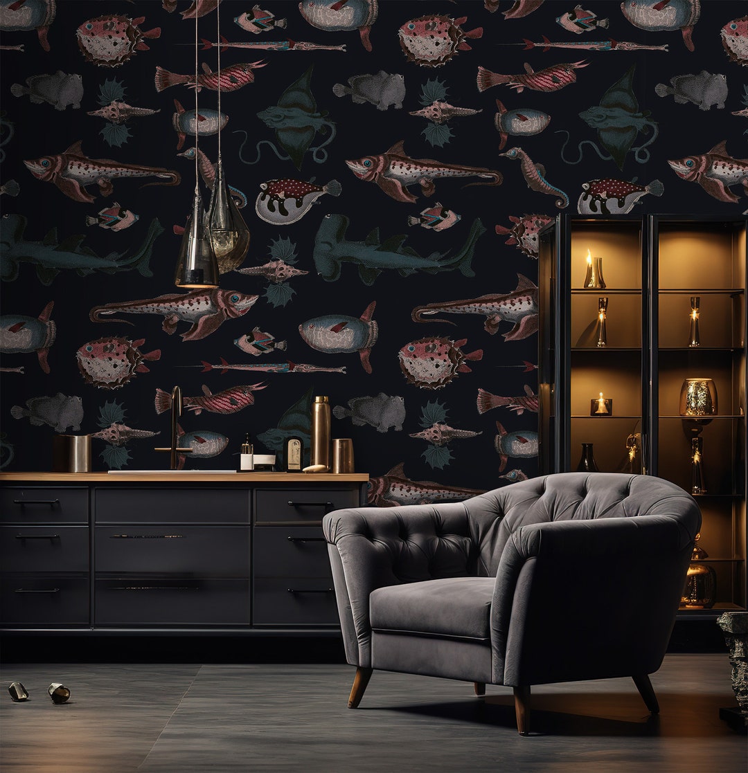 Dark Fish Wallpaper, Sea Life, Marine Vintage Wall Art Wainscoting Wall ...