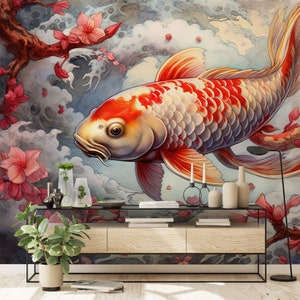 Red Colorful Fish Wallpaper, Koi Fish Mural, Self Adhesive (peel and ...