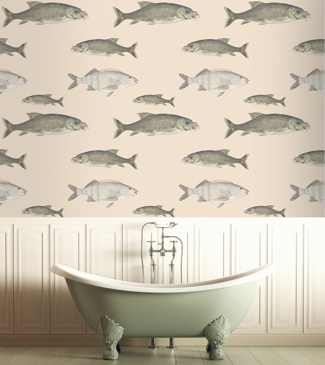 Vintage Fish Wallpaper, Classic Underwater Wall Art, Wainscoting Wall ...