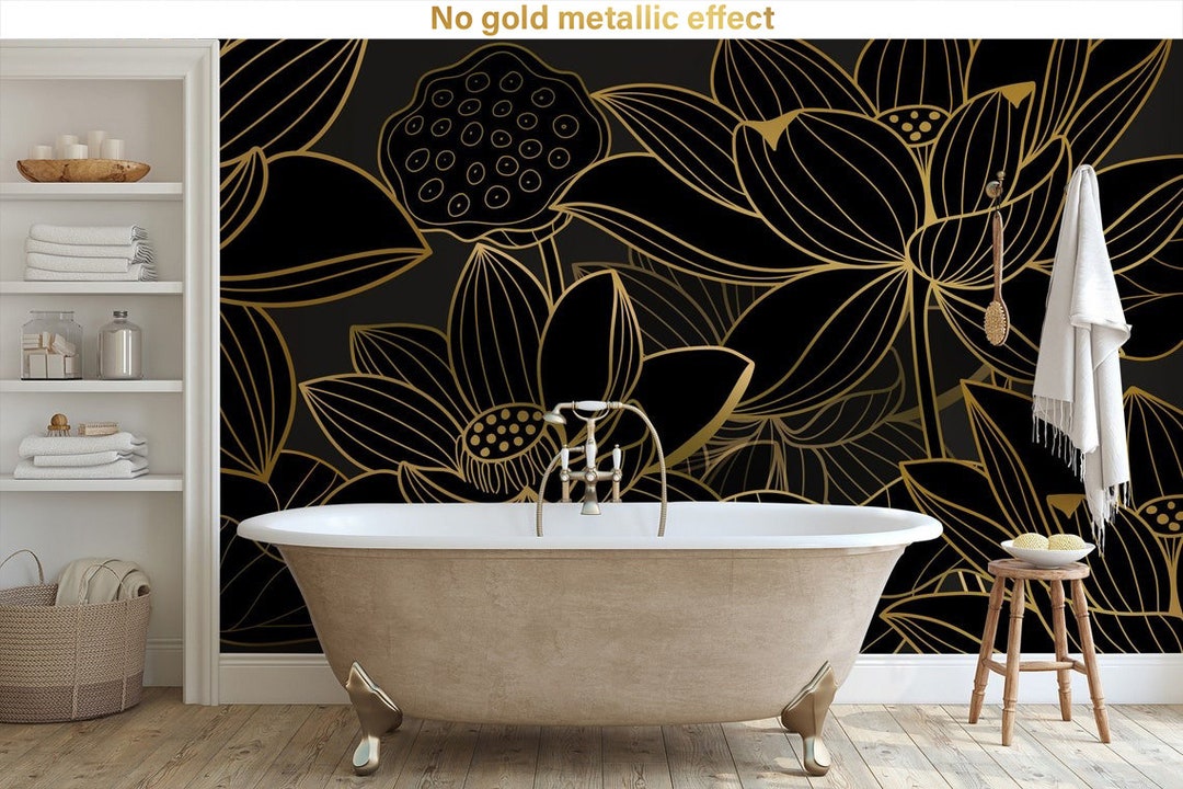 Golden Lotus Wallpaper, Luxury, Wall Mural, Peel and Stick, Self ...