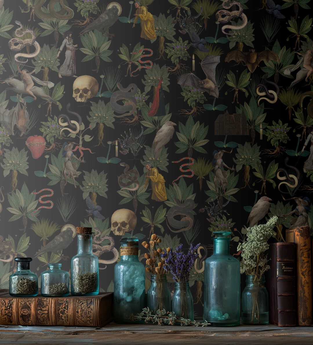 Dark Wallpaper, Magic Animal and Skeleton Wall, Occult Wall Mural, Wall ...