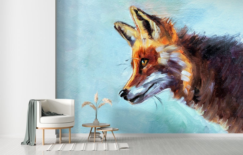 Wallpaper With Wild Animal Red Fox Light Blue Background - Etsy